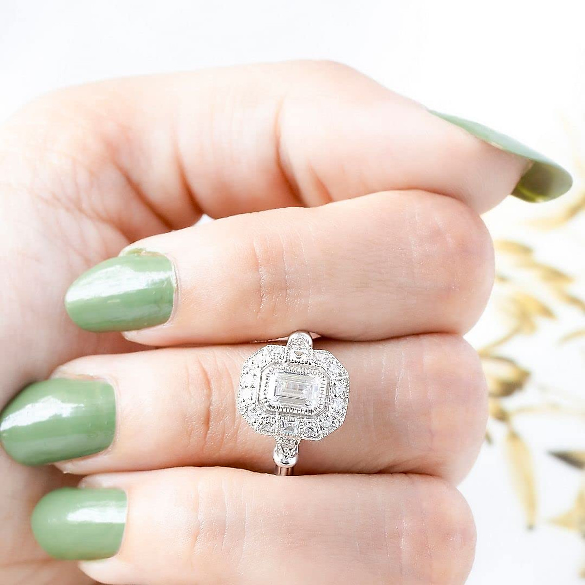 Octa Pearl 0.80 Carat Emerald, Baguette & Round Cut Cubic Zirconia Stone Art Deco Style Wedding Ring In 925 Sterling Silver (VVS, 4/5 CTW, 9 US) CZ Ring