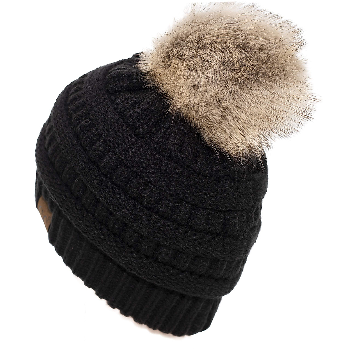 C.C Trendy Fuzzy Sherpa Fleece Lined Warm Soft Stretch Cable Knit Faux Fur Pom Pom Skull Cap Cuff Beanie Hat