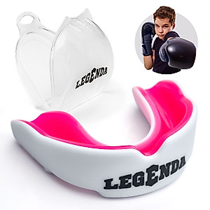 Legenda Sports Mouthguard for Kids (w/Case), Professional Mouthguard for Boxing, MMA, Karate, Football, BJJ, Martial Arts, Rugby, Lacrosse, Hockey (White/Pink)