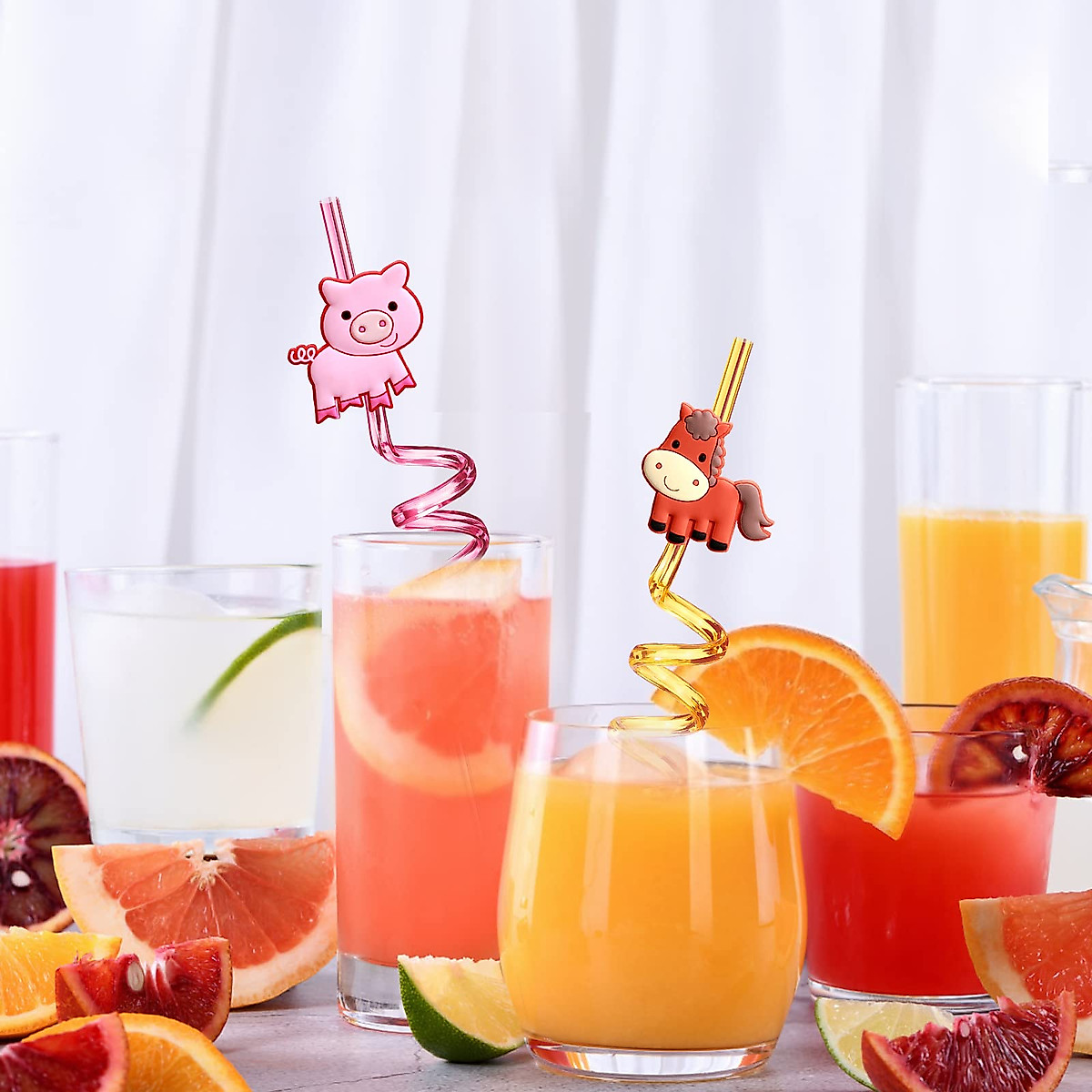 24 Reusable Farm Animal Plastic Straws Chicken Sheep Horse Cow Pig for Barnyard Farm Birthday Party Supplies Gift Favors with 2 Cleaning Brushes