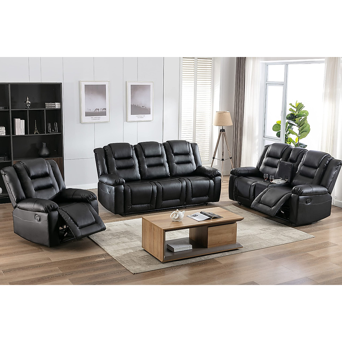 KAZIO Manual Leather Recliner Sofa Set, Living Room Furniture Set,Leather Sofa Set and Recliner Couch for Home/Office