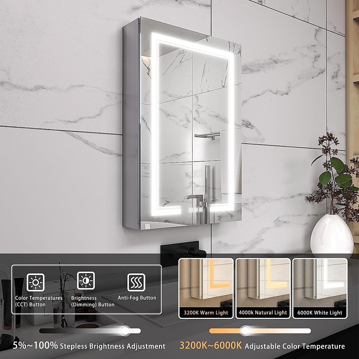 Benime 24x32 Inch, LED Lighted Bathroom Medicine Cabinet with Mirror, Surface or Recessed Medicine Cabinet with Lights, Defogger, Stepless Dimming&Color Temps, 2 Outlets&USBs, 3 Storage Shelves