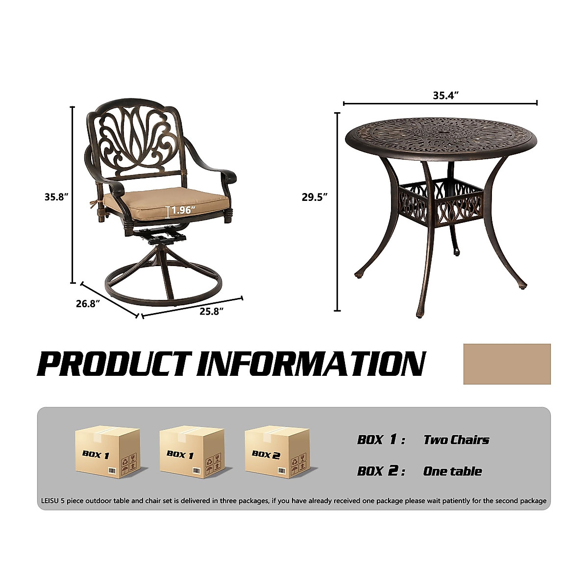 USSerenaY 5-Piece Outdoor Dining Set Cast Aluminum Patio Furniture Set All-Weather 4 Chairs and Dining Table with Umbrella Hole for Garden, Backyard (Swivel Rocker+Khaki Cushion, RoundTable)