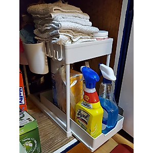 Under Sink Storage - Bnimtm 2 Pack White Under Sink Storage Kitchen Organiser - Sliding Drawer Pull Out Under Sink Organiser with Hooks Cup for Kitchen Bathroom