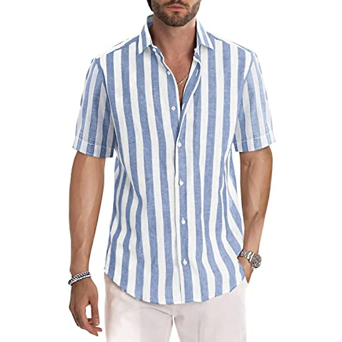 JMIERR Men's Summer Casual Stylish Short Sleeve Button-Up Shirts Cotton Linen Vertical Striped Business Dress Shirts Beach Cruise Shirt Resort Wear Old Money Aesthetic Clothes, US 43(L), Sky Blue
