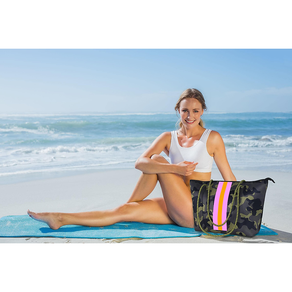 QOGiR Neoprene Multipurpose Beach Bag Tote with Inner Zipper Pocket（Green Camo） …