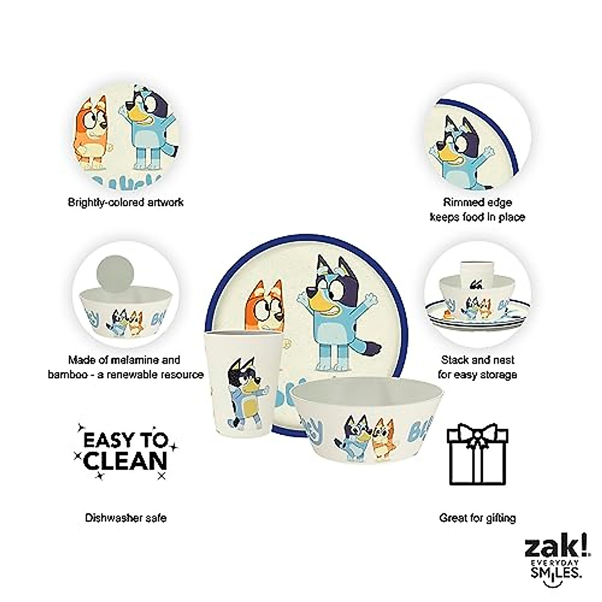 Zak Designs Bluey Kids Dinnerware Set 3 Pieces, Durable and Sustainable Melamine Bamboo Plate, Bowl, and Tumbler are Perfect For Dinner Time With Family (Bluey, Bingo, Bandit, Chilli)