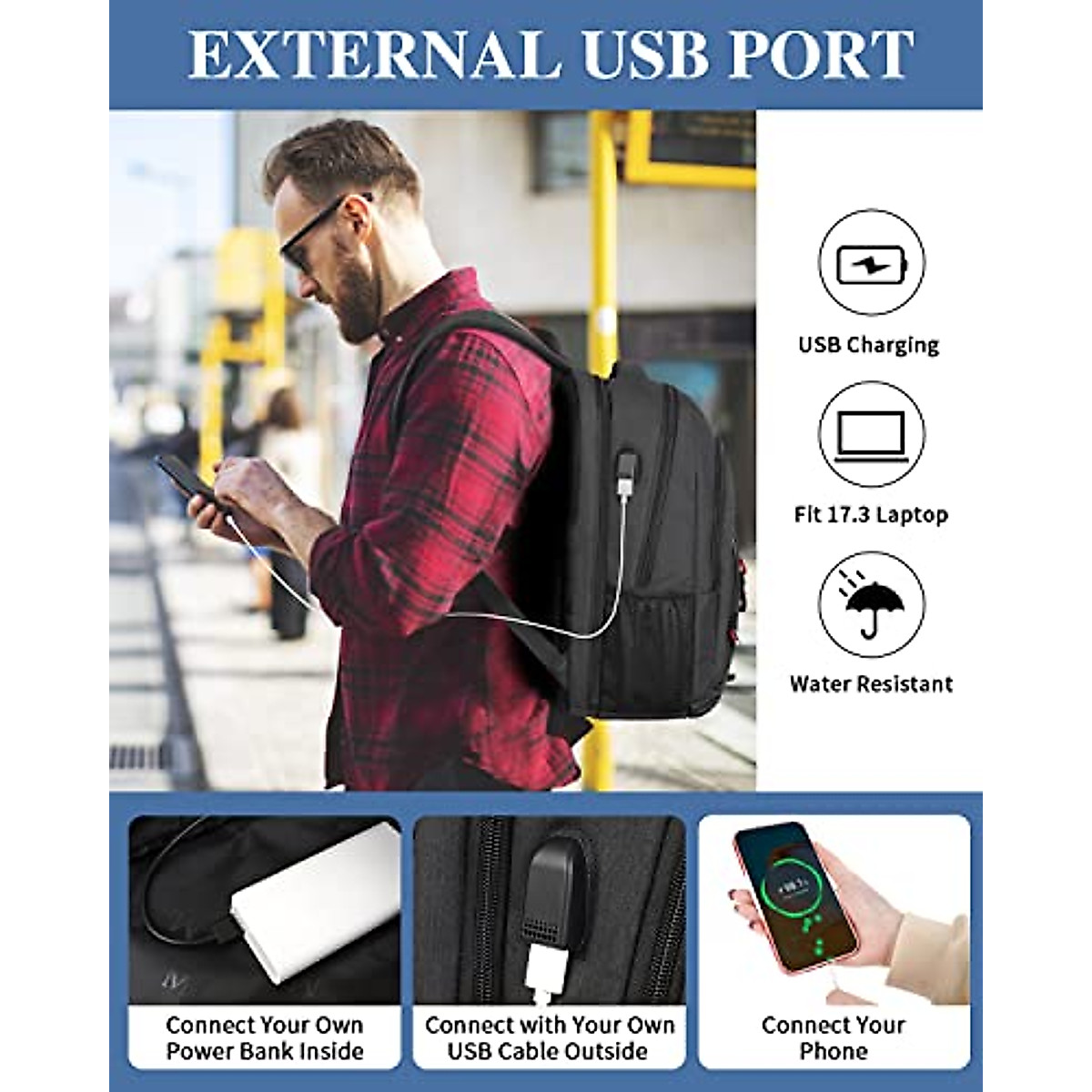 Anti Theft Travel Backpack for Men, 17 Inch Laptop Backpack with USB Charging Port & Lock, Large TSA Water Resistant Lockable Lightweight Casual Daypack College Business Work Computer Bag, Black