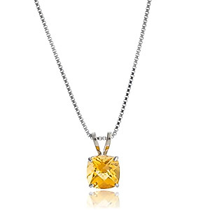 MAX + STONE 925 Sterling Silver 6mm Cushion Cut November Birthstone Citrine Solitaire Pendant Necklace for Women with 18 inch Box Chain