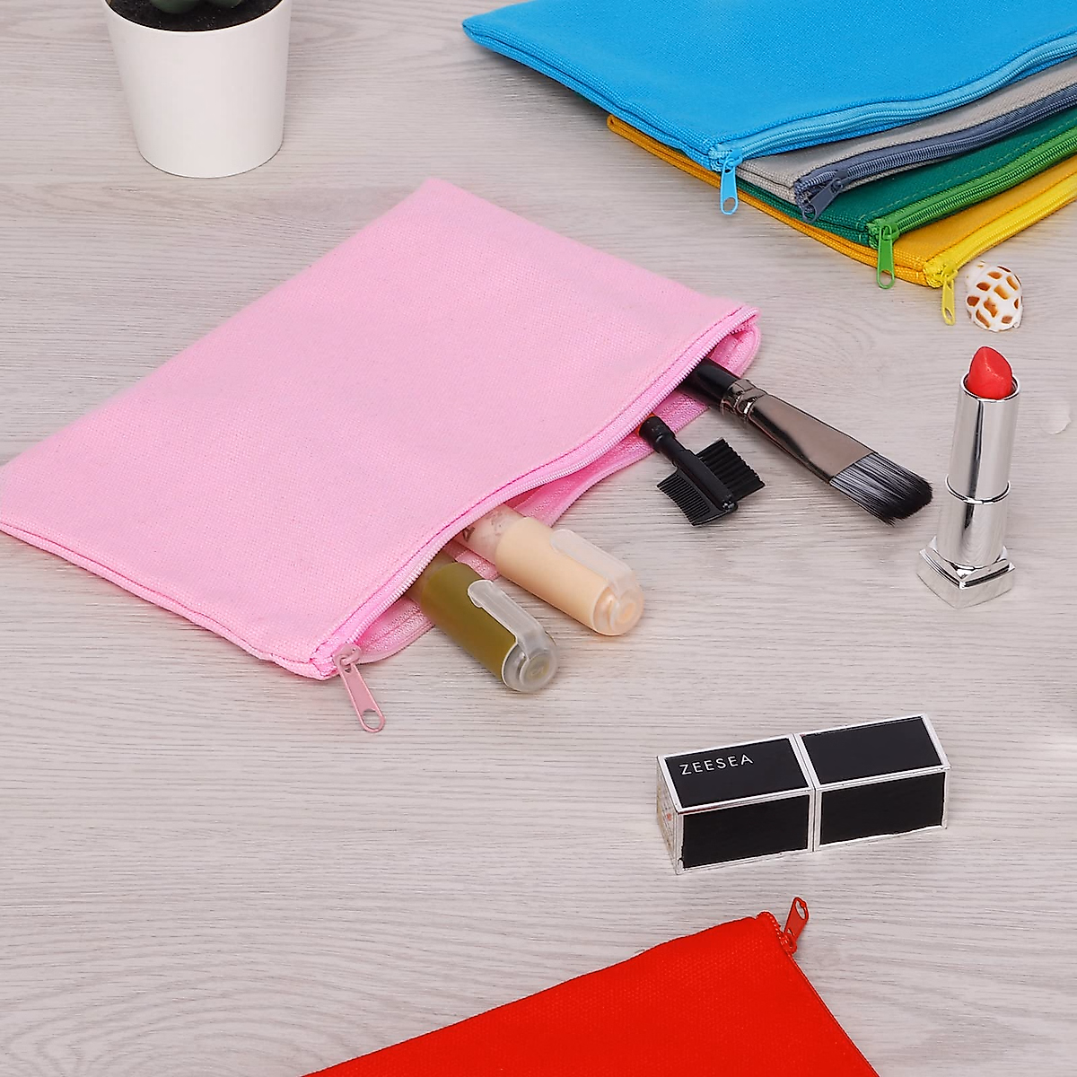 Sinzip 12 Pieces Cotton Canvas Makeup Bag, Multipurpose Cosmetic Bag with Zipper Travel Toiletry Pouch, Blank DIY Craft Bag (Pink, S)