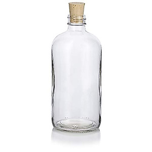 JUVITUS 16 oz Clear Glass Boston Round Bottle with Cork Stopper Closure (4 Pack) + Funnel