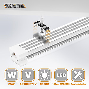 ONLYLUX LED Shop Lights, LED Tube Light 25W 6000K, Led Garage Light, Super Bright, Under Cabinet Lighting, Linkable with Plug LED Light for Workbench Workshop Basement (2 Pack)