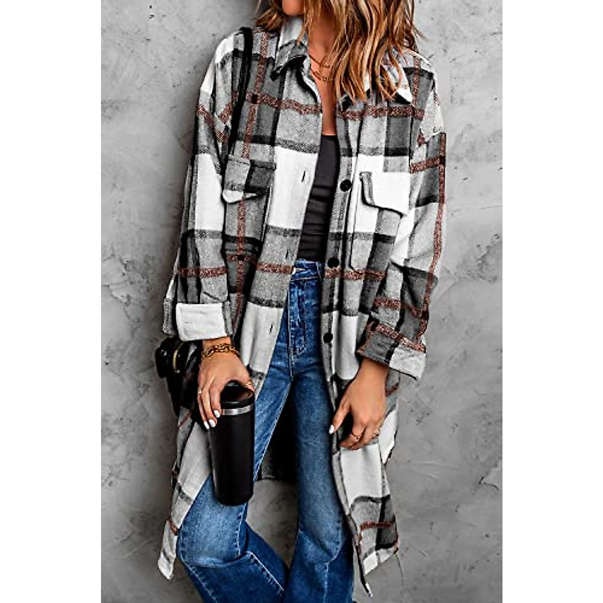 PRETTYGARDEN Women's 2023 Plaid Shacket Jacket Long Sleeve Button Down Shirts Fashion Winter Wool Coats (Black,Small)