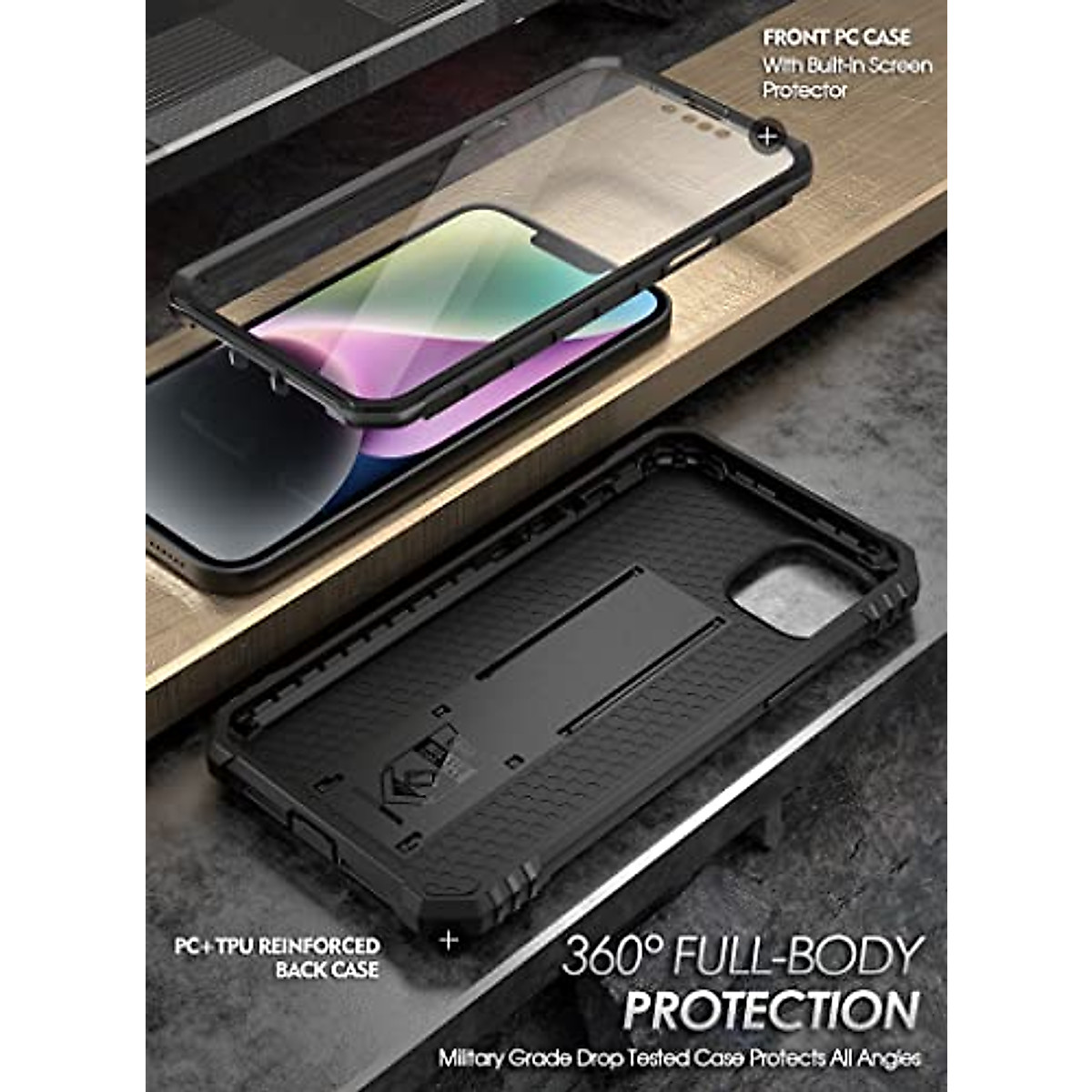 Poetic Revolution Case for iPhone 14 Plus 6.7 inch, [20FT Mil-Grade Drop Tested], Full-Body Rugged Shockproof Protective Cover with Kickstand and Built-in-Screen Protector, Black
