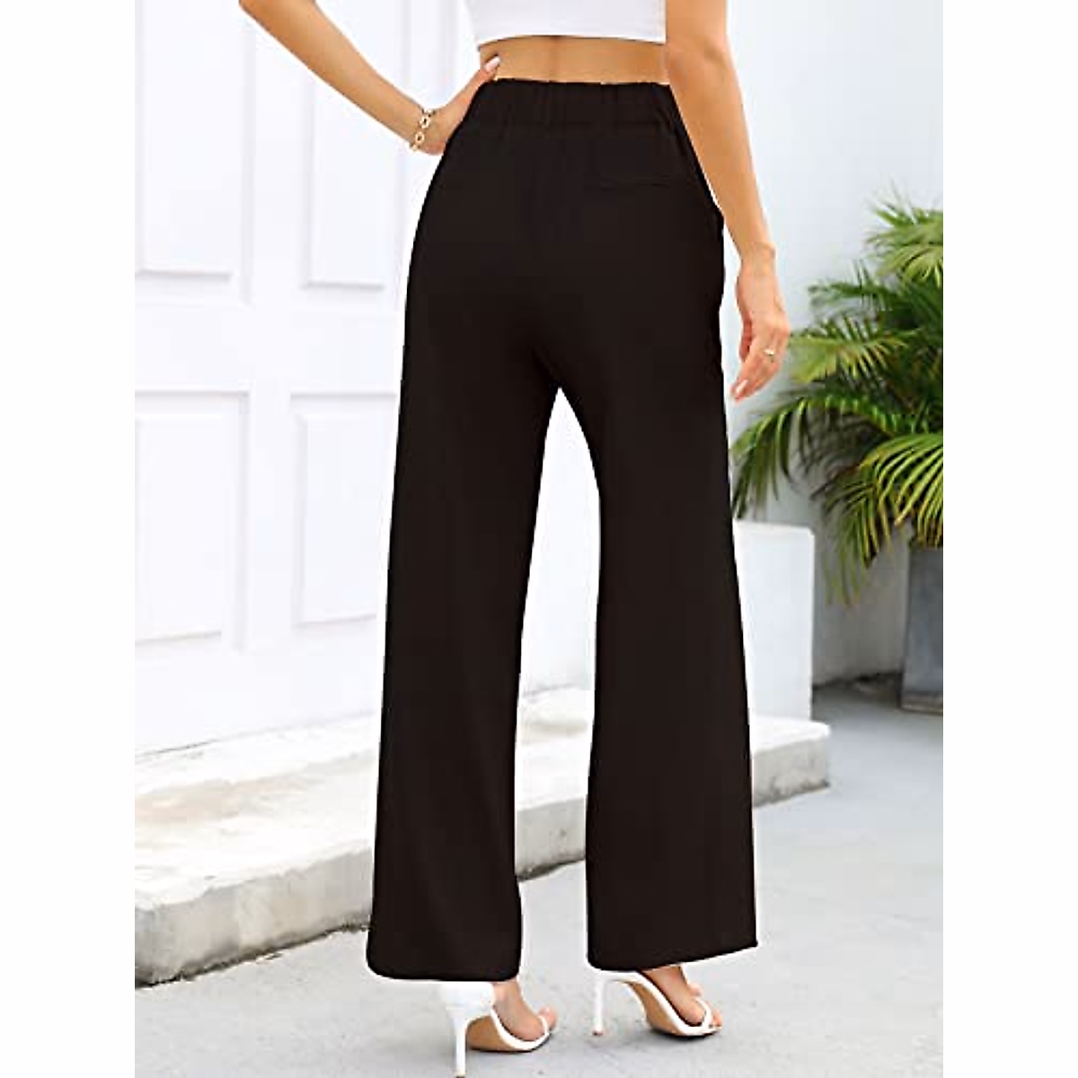 Skrfez Women's Wide Leg Work Pants with Pockets Black X-Large Professional High Elastic Waisted Slacks Long Business Straight Suit Pant Office Trousers