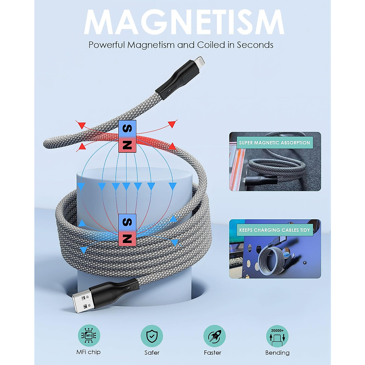 Magtame iPhone Charger Lightning Cable, 3.3ft Magnetic Coiled iPhone Cable Fast Charging Braided Charger Cord, MFi Certified Compatible with iPhone 14 13 12 11 Pro Max Plus Tangle-Free and Durable