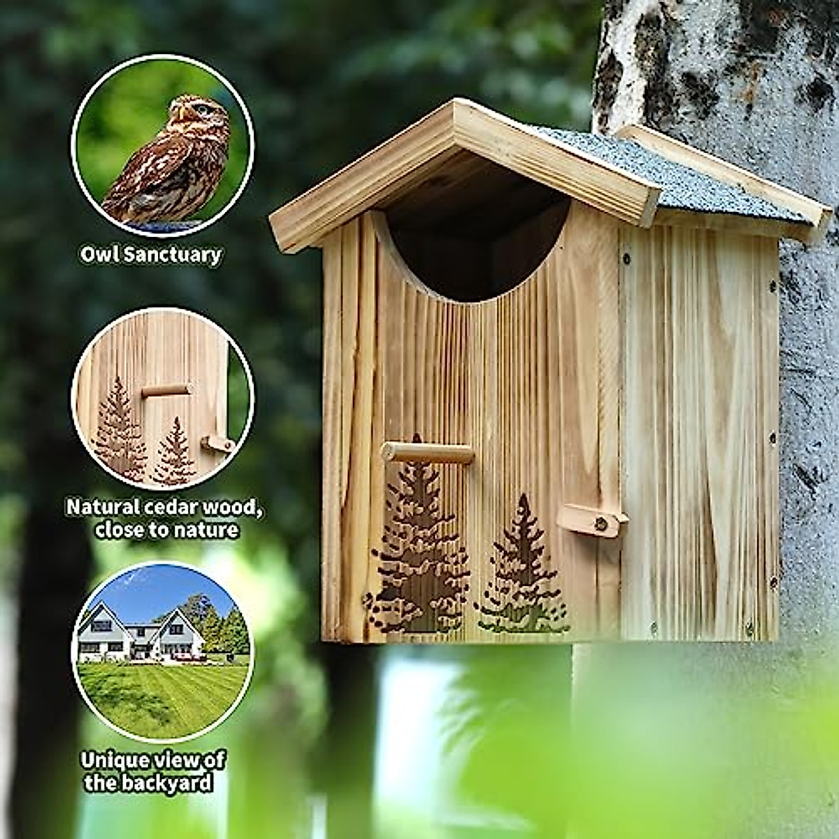 Owl House Barn Owl Box Screech Owl House with Bird Stand Great Horned Owl Box Bird Houses for Outside Large Handmade Wooden Rectangular Opening Bird Box,with Mounting Screws, Easy Assembly