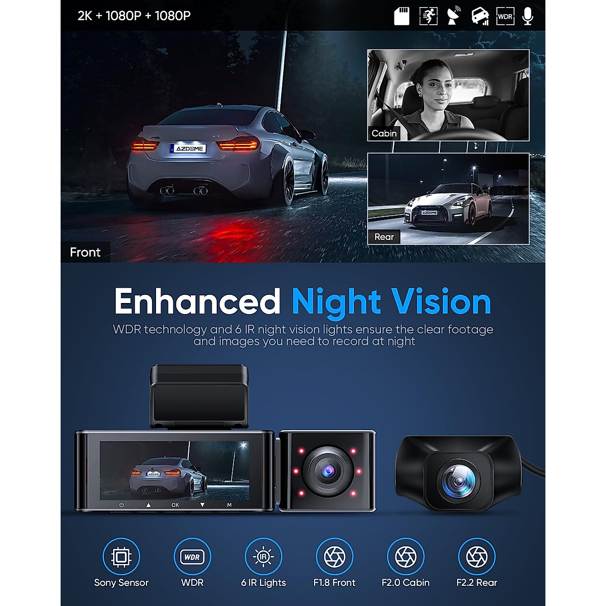 AZDOME 3 Channel 4K Dash Cam for Cars, 4K+1K Dash Cam Front and Rear, 1440P+1080P+1080P Triple Dash Cam, 3.19" IPS Screen, Built-in GPS WDR IR Night Vision, 24H Parking Mode, 64GB Card Included