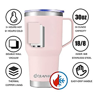 AQUAPHILE 30oz Stainless Steel Insulated Coffee Mug with Handle, Double Walled Vacuum Travel Cup with Lid & Straw, Reusable Thermal Coffee Cup, Portable Coffee Tumbler, for Hot&Cold Drinks(Pink)