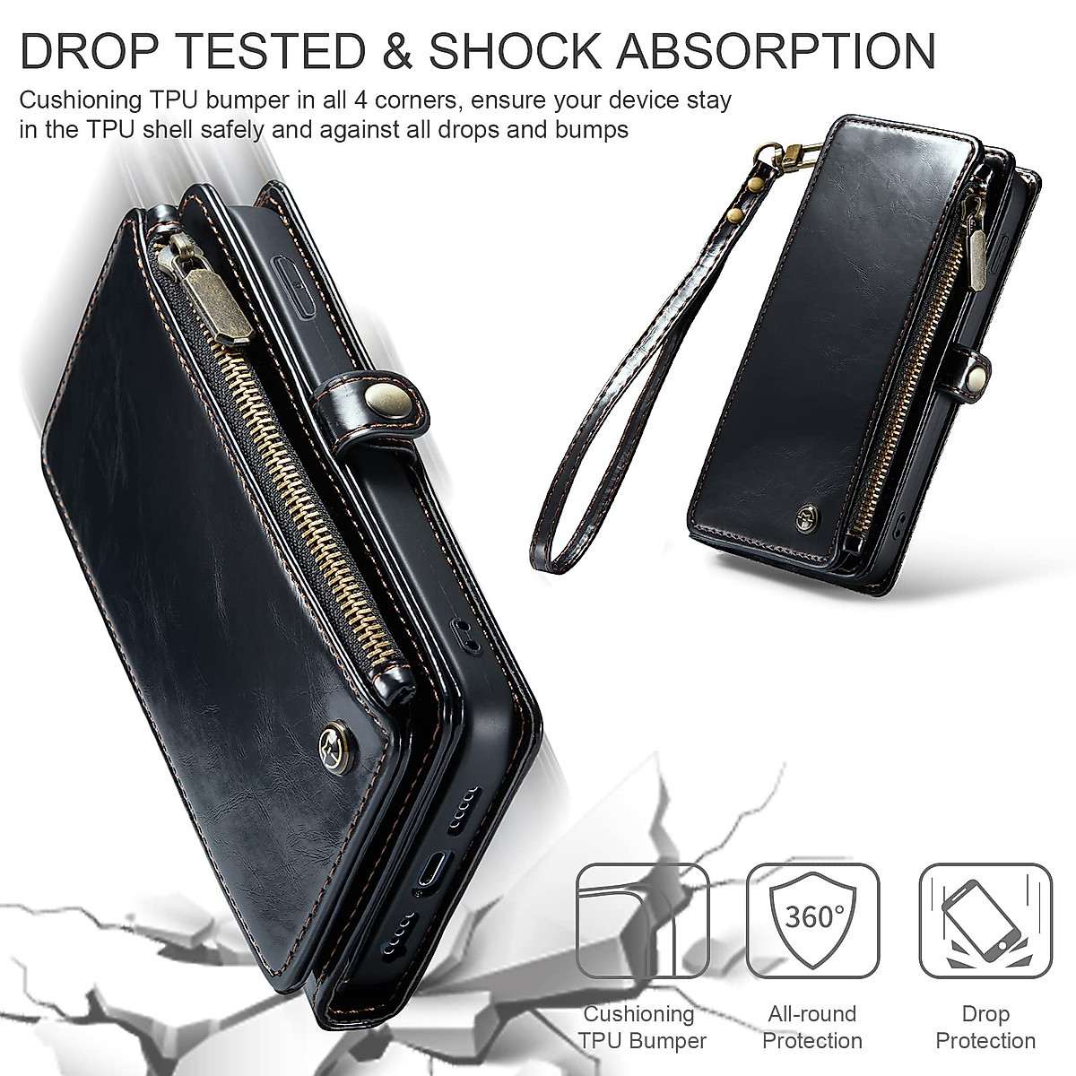 Defencase for iPhone 8/7/SE 2020/SE 2022 Wallet Case, for iPhone SE 2022 Case Wallet for Women Men, PU Leather Flip Strap Zipper Card Holder Phone Case for iPhone SE 3rd Generation 2022, Black