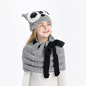 2 Pieces Kids Winter Warm Knitted Hats and Scarf Set Cute Owl Knit Beanie Hat with Scarf for Boys Girls 3-9 Year (Gray)