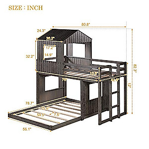 Harper & Bright Designs House Bed Bunk Beds Twin Over Full Size, Wood Bunk Beds with Roof and Guard Rail for Kids, Toddlers, No Box Spring Needed