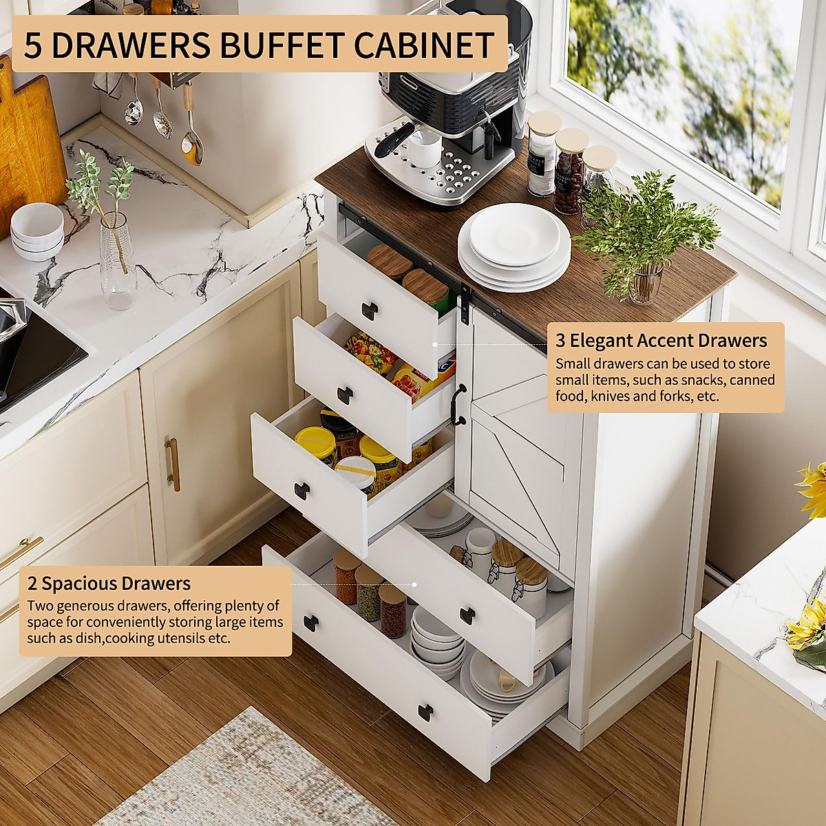 PAKASEPT 5 Drawers Dresser, Farmhouse Modern Tall Dresser 5 Chest of Drawers, Sliding Barn Doors Dresser Chests for Bedroom, Hallway, Living Room, Kids Room