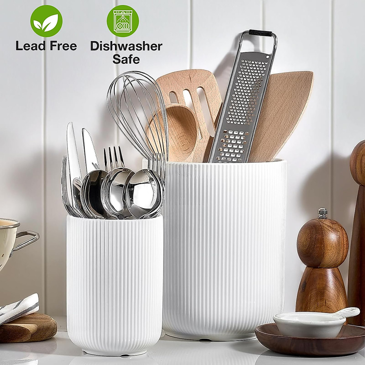 Mfacoy Large Kitchen Utensil Holder Set of 2, 7.3" + 5.4" Ceramic Cooking Utensil Holder for Countertop, Large Utensils Crock for Kitchen Counter, Utensil Storage Organizer for Spatula, Kitchen Decor