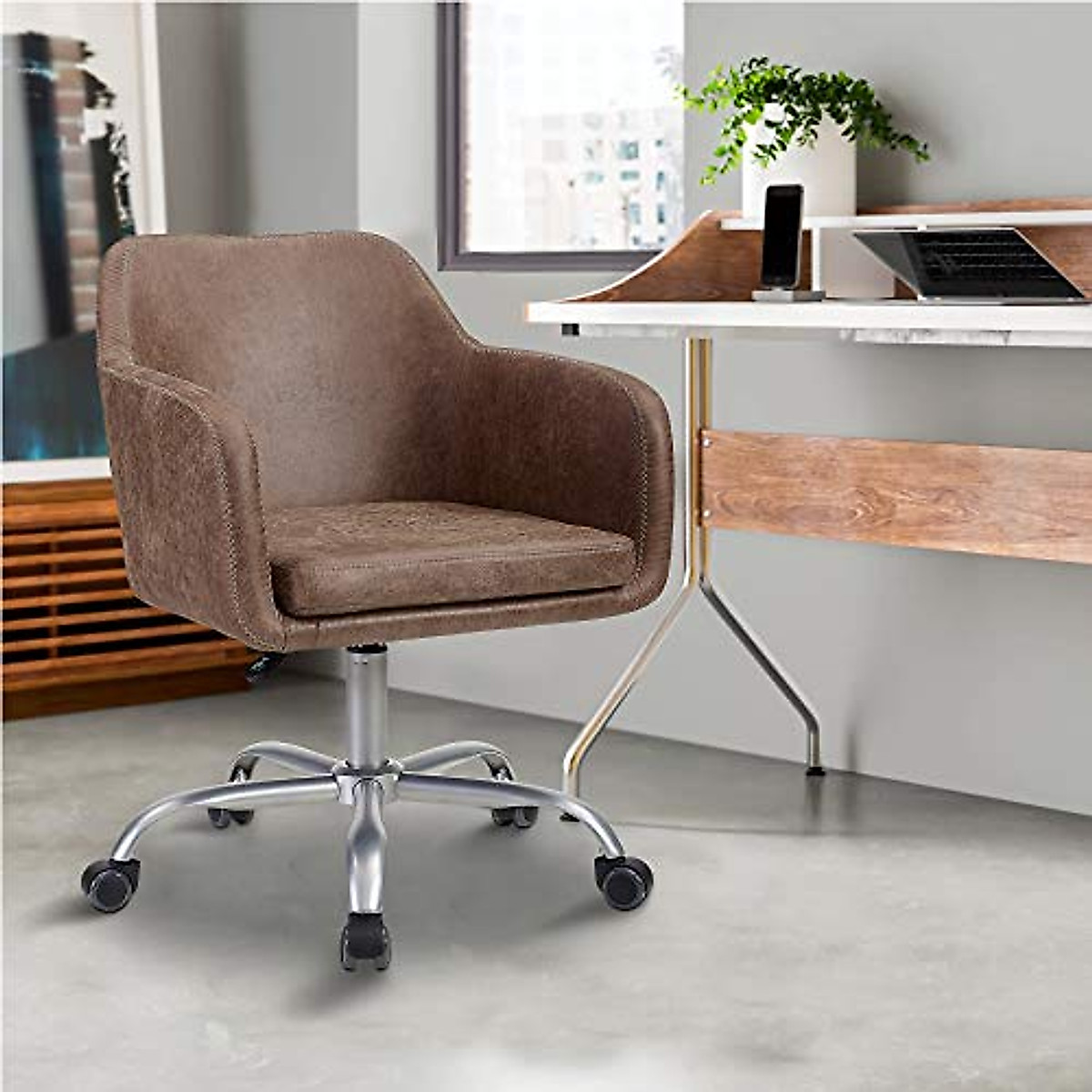 Benjara Leatherette Metal Frame Swivel Office Chair with Sloped Armrests, Brown