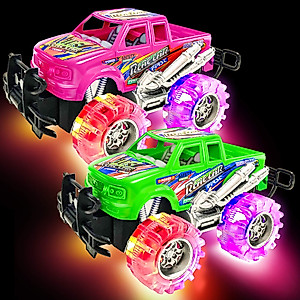 ArtCreativity Pink and Green Light Up Monster Truck Set for Boys and Girls, Set Includes 2, 6 Inch Monster Trucks with Beautiful Flashing LED Tires, Push n Go Toy Cars, Best Gift for Kids, for Ages 3+