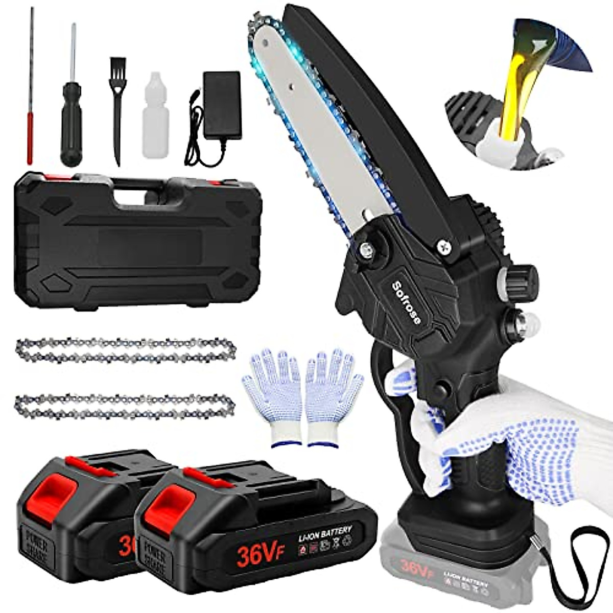 6 Inch Mini Chainsaw Sofrose Cordless Chainsaw with Auto-Oil System 2X 2.0Ah Batteries One-Handed Electric Chain Saw Electric Pruning Chainsaw for Wood Cutting Garden Logging Trimming Branch
