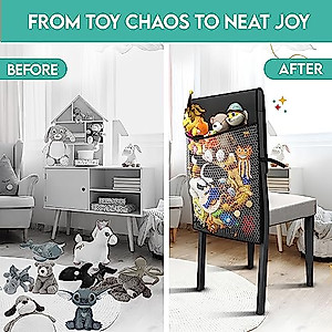 Stuffed Animal Storage Pocket for kids chair or Bed - Over Chair Organizer for Stuffies, Baby Ideas Holder, Toy Plush Storage/Hammock Hanging Storage Net Big Girls Toddler Large Bag Animals Black