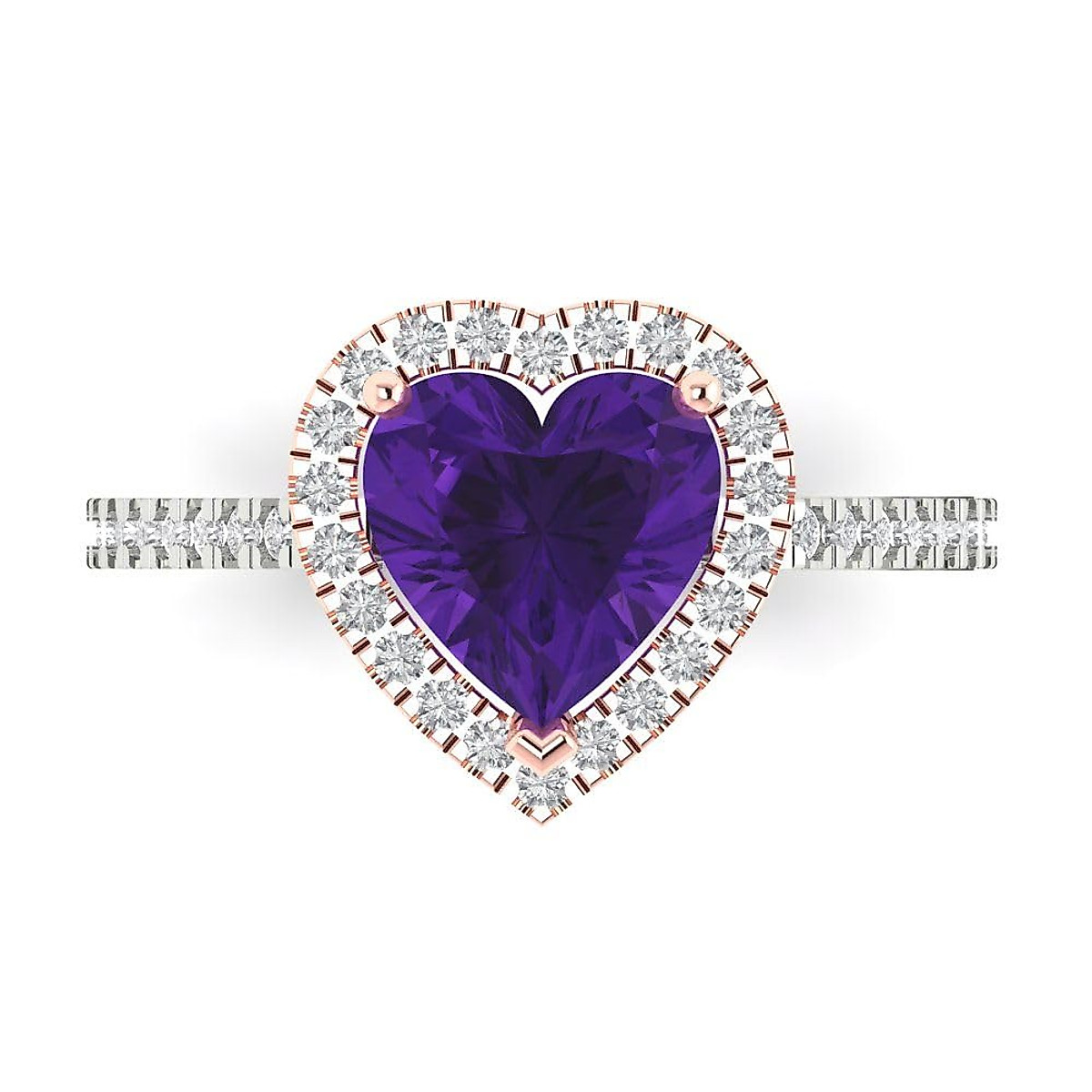 Clara Pucci 2.33ct Heart Cut Solitaire with Accent Halo Natural Amethyst gemstone designer Modern Statement Ring Solid 14k 2 Tone Gold