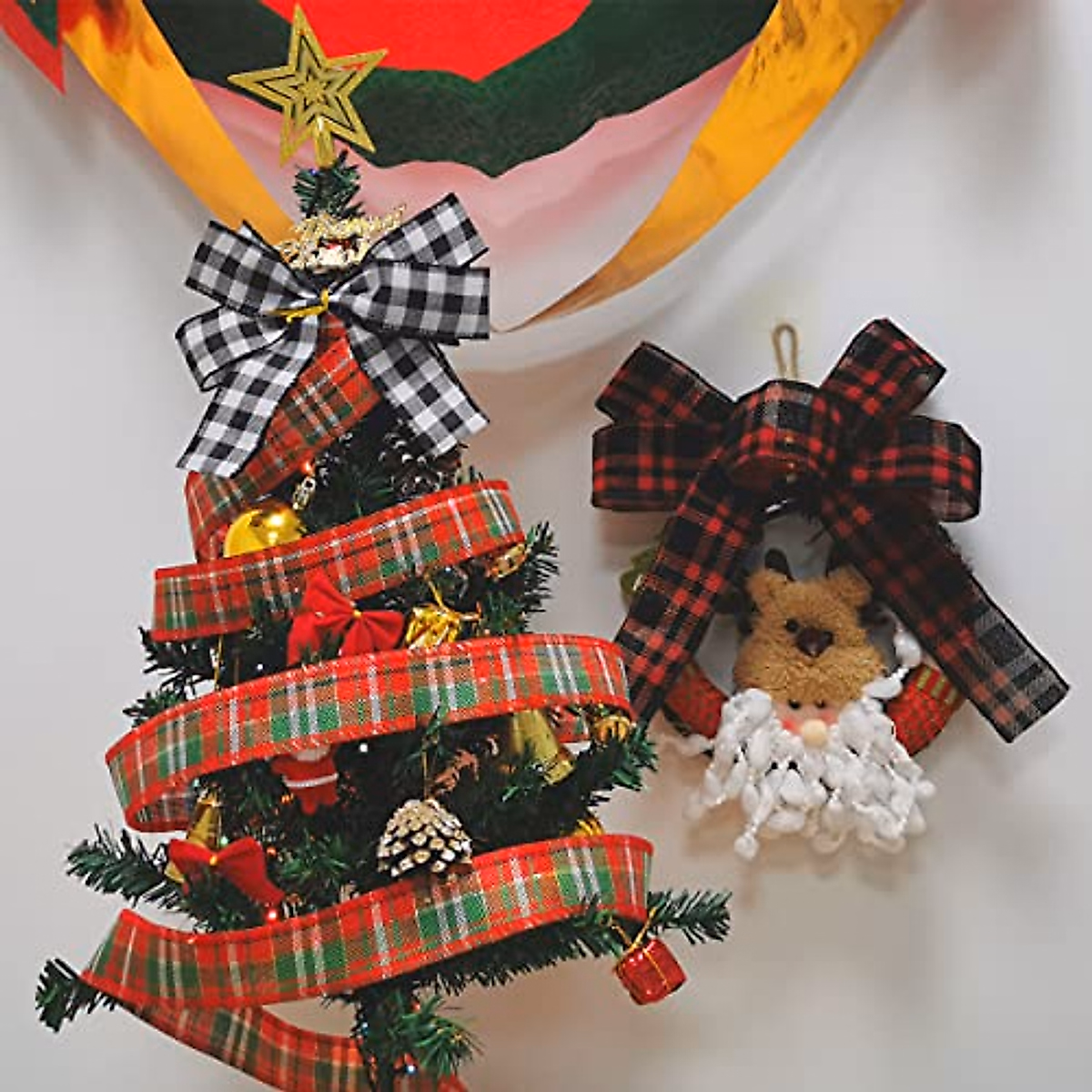 Wired Edge Buffalo Plaid Ribbon and Fabric Burlap Ribbon for DIY Craft Wrapping Christmas Decoration 6.56 Yard (2.36 inch, 8 Rolls)