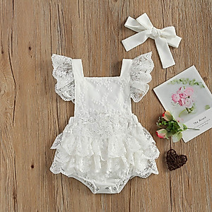 Newborn Baby Girl Romper Lace Tutu Dress Bodysuit Ruffle Sleeveless Jumpsuit with Headband Summer Outfits (White, 0-6 Months)