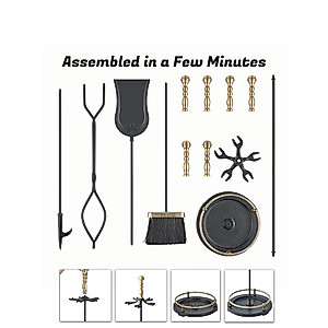 Lichamp Fireplace Tools Set, 5-Pieces Indoor Outdoor Sturdy Fire Place Poker Sets with Retro Gold Handle, FTS45GD