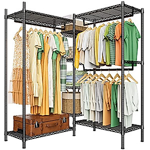 LEHOM G7 Heavy Duty Clothes Rack for Hanging Clothes, Portable Garment Rack Compact Size Closet Organizer, Freestanding Metal Clothing Rack Wardrobe Closet with Storage Shelves for Bedroom(Medium)
