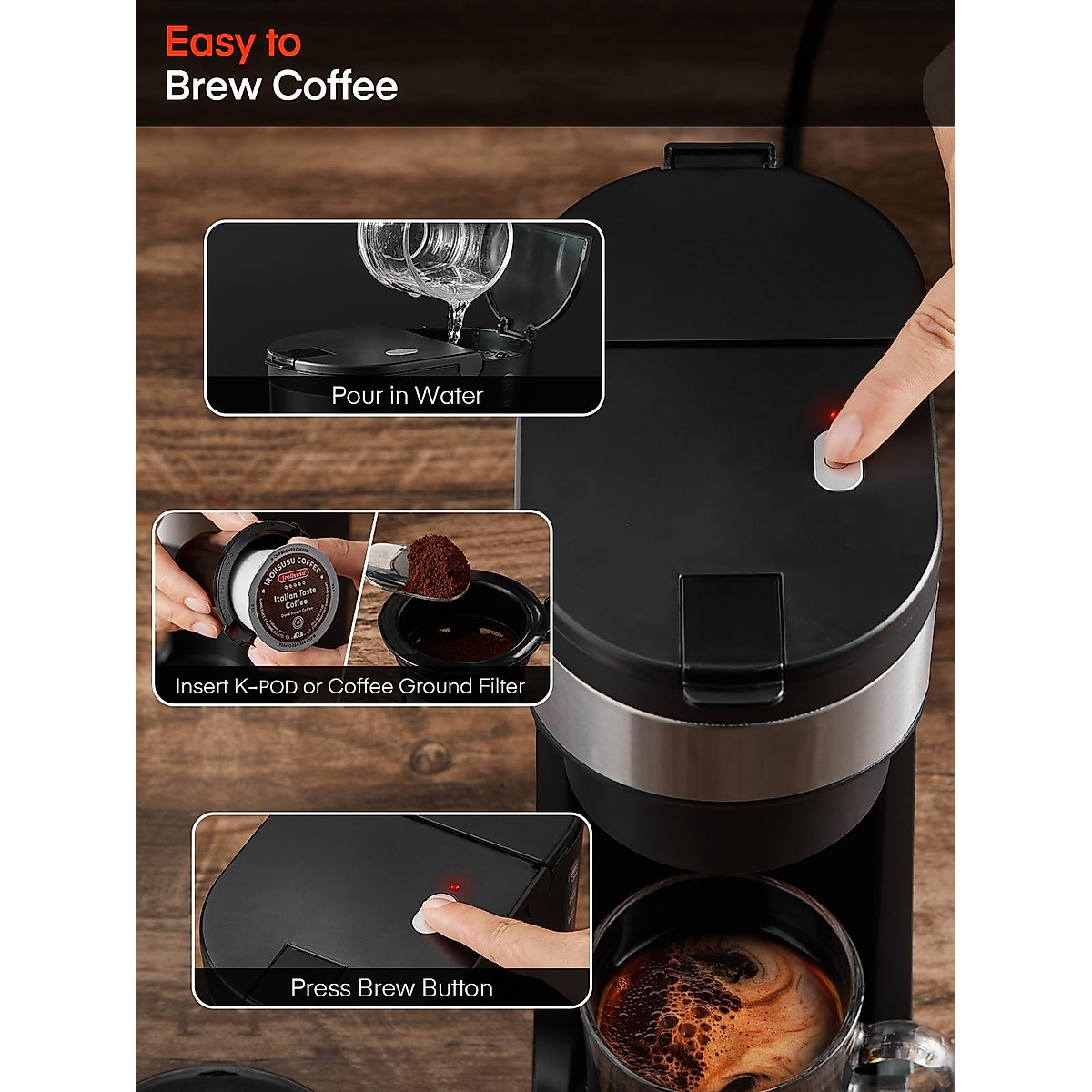 FOHERE Coffee Maker, Single Serve Iced and Hot Coffee Brewer for K Pod & Ground Coffee, with 90s Fast Brewing, 6 to 14 Oz Brew Sizes, 1000W Compact Coffee Machine with Water Window and Descaling Mode