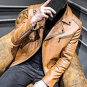 Maiyifu-GJ Men's PU Leather Jacket Vintage Asymmetric Zip Motorcycle Jacket Casual Lightweight Faux Leather Biker Coat (Yellow,3X-Large)