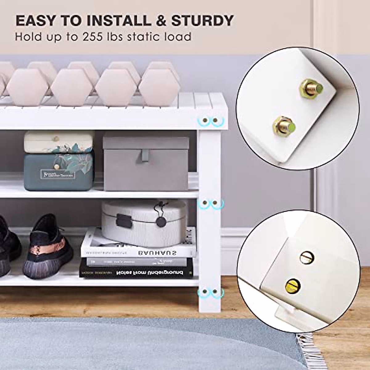 SMIBUY Bamboo Shoe Rack Bench, 3-Tier Shoe Organizer Storage Shelf for Entryway Hallway Bathroom Living Room (White)