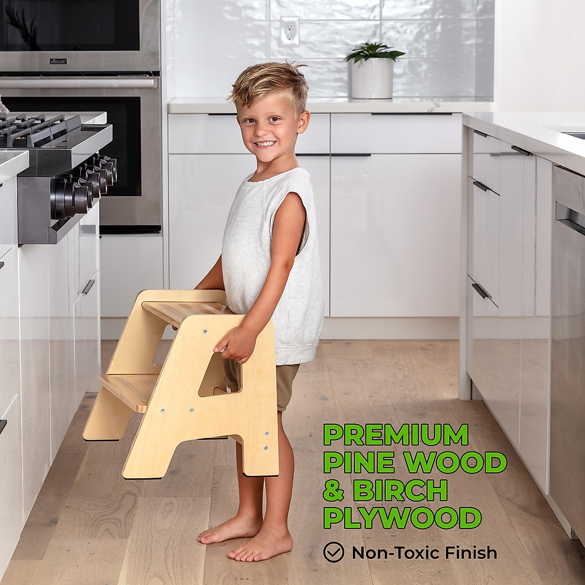 Wooden Step Stools for Kids - Sturdy, Non-Slip, Non-Tip Toddler Step Stool for Bathroom Sink for Your Little One - Varnished