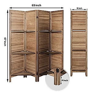 ECOMEX Room Divider 4 Panel, Wood Room Divider Screen,Freestanding Room Dividers and Folding Privacy Screens, Easy Move Partition Room Dividers, Temporary Wall Room Divider with Shelves (Brown)
