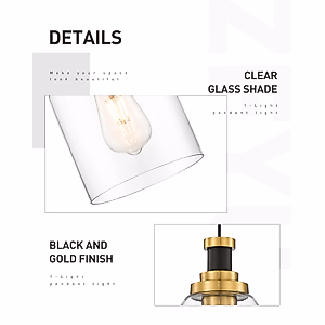 zeyu Modern Hanging Pendant Lights 2 Pack, Kitchen Pendant Lighting with Clear Glass Shade, Black and Gold Finish, ZG33M1L-2 BK+BG