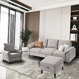 2 Piece Sectional Sofa Set, 3 Seat L Shaped Couches with Reversible Chaise Single Seat Accent Chair Polyester Fibre for Living Room, Light Grey