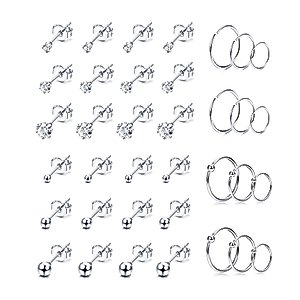 MILACOLATO 18 Pairs Small Tiny Stud Hoop Earrings for Women 14K White Good Plated Stainless Steel Earrings Set for Multiple Piercing Hypoallergenic CZ Ball Studs Endless Cartilage Hoops Earrings