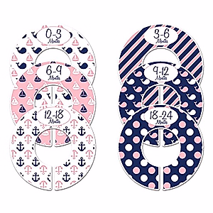 C136 Baby Girl Nursery Closet Clothing Size Divider Pink Nautical Set of 6 Fits 1.25 Inch Rod