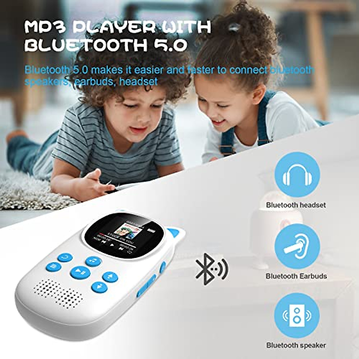 32GB MP3 Player for Kids, 90H Long Battery Life Kids Mp3 Player with Bluetooth 5.0, Oilsky Music Player with FM Radio, HD Speaker, Voice Recorder, Expandable up to 128GB, White & Blue