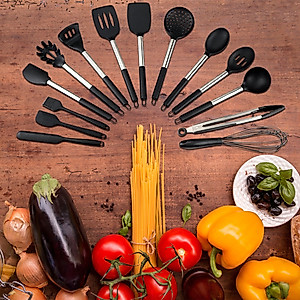 15 Pieces Silicone Kitchen Utensil Set with Holder | Non Slip Stainless Steel Cooking Tool |Spatulas, Spoon, Ladle, Pasta Server, Turner, Tongs, Whisk & More | Heat Resistant 446°F | BPA Free (Black)