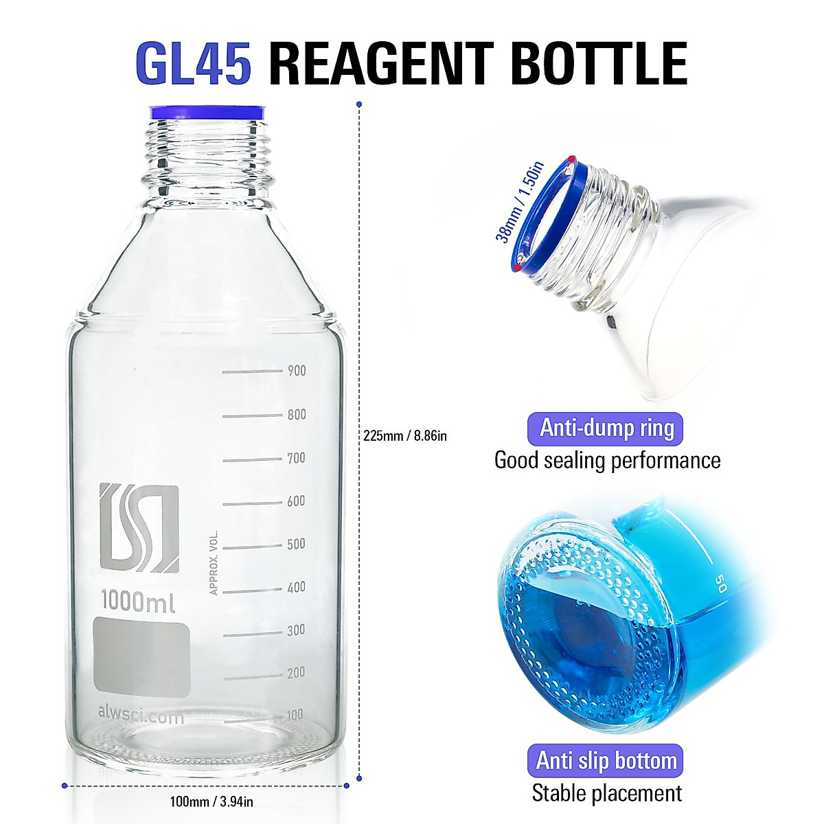 ALWSCI 1000ml Graduated Glass Round Media Storage Bottle with blue GL45 Screw Cap, 3.3 Borosilicate Glass, Wide Mouth Lab Reagent Bottle, Pack of 1