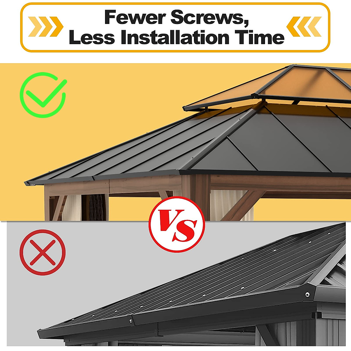 OLILAWN Gazebo 12x14, Hardtop Gazebo with Wood Finish Aluminum Frame, Galvanized Steel Double Top Gazebo with Ventilation, All-Weather Metal Gazebo with Netting and Curtains, for Patios Gardens Lawns